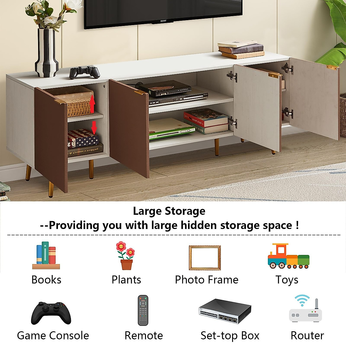 Vliekcy TV Stand for 70 Inch TV, Media Entertainment Center Console Table with Leaf Patterns Doors, Wooden TV Stand with Storage Cabinet for Media Room, Living Room-Cognac Tan & White