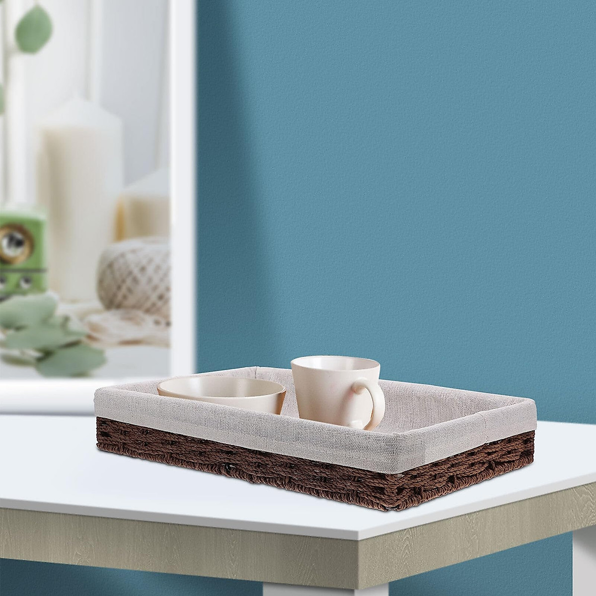 STOBAZA Wicker Storage Baskets, Hand Woven Paper Rope Wicker Baskets, Small Rectangular Wicker Baskets for Organisation, Cube Organiser for Closet/Clothes/Dresser