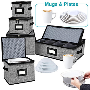 ouruer 5 PACK China Storage Containers-Quilted Mug Storage and Moving Boxes for Dishes,Dish Packing Supplies for Moving,Dinnerware &Accessories,Holds a total of 48 plates (4 sizes) and 12 cups(Grey)