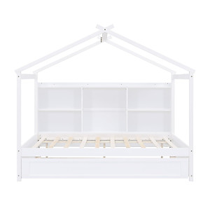 Harper & Bright Designs Full Size House Bed with Trundle, Wood Full House Bed with Storage Shelves, Full Montessori Bed for Kids with Roof for Girls, Boys,Brushed White