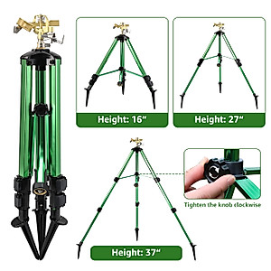Heavy-Duty Brass Impact Sprinkler on Ground PlugTripod Base, 360 Degree, 0-43 Feet Large Area Coverage Yard Sprinkler, Adjustable Height 16-37” Water Sprinkler for Lawn for Lawn/Yard/Garden