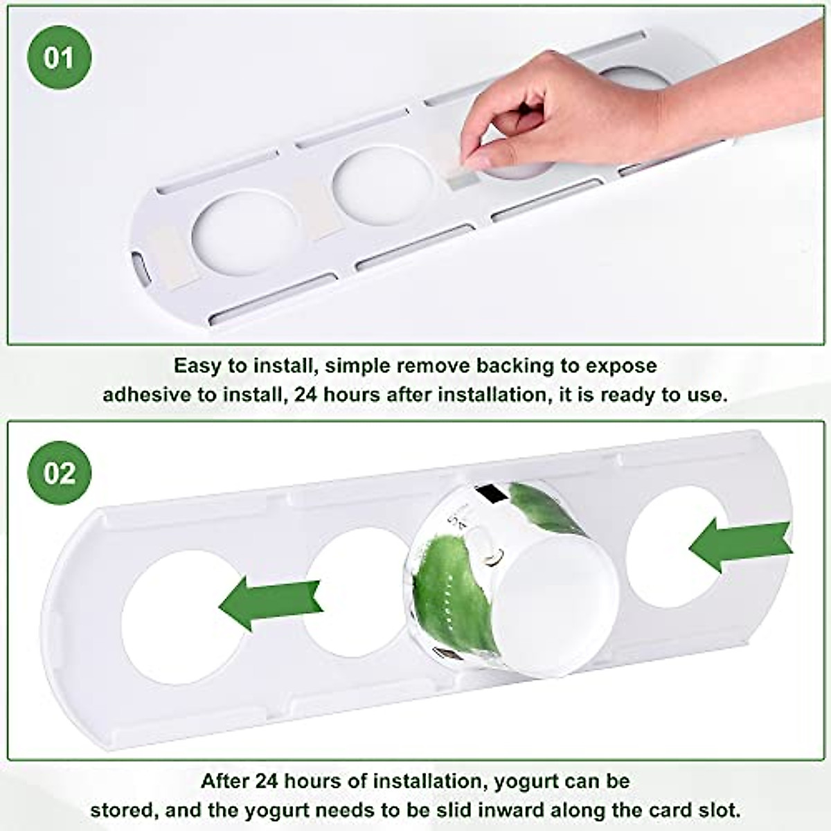 ChengFu Yogurt Organizer for Fridge, 2 Pack Yogurt Organizer, Yogurt Organizer for Greek and Vegan Yogurts, Holds 4 of 3.75" yogurts, Refrigerator Organizer Storage, Space Saving,Peel & Stick, White