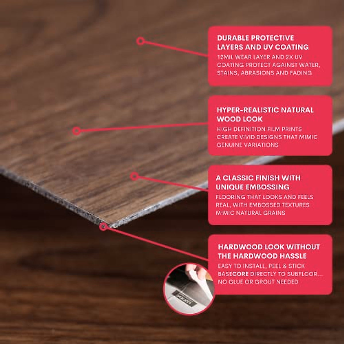 LUCiDA SURFACES Luxury Vinyl Flooring Tiles | Peel and Stick Floor Tile for DIY Installation | 12 Wood Look Planks | Chestnut | BaseCore | 18 Sq. Feet