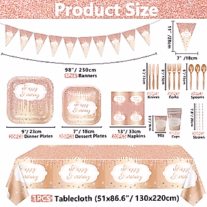 Rose Gold Party Supplies, Rose Gold Birthday Party Decorations for Girls, Women, Includes Dinner Plate, Dessert Plates,Tableware, Rose Gold Tablecloth, Cups, Table Napkins, Flag, Serves 20 Guests