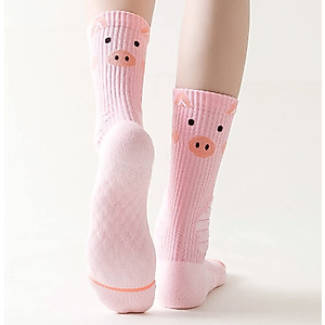 Angelteers Functional Sports Socks Animal Athletic Crew Socks for Women Big Kids (US, Alpha, One Size, Regular, Regular, Pink Cartoon Pig)