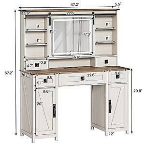 AOGLALTI Farmhouse Vanity Desk with Mirror and Lights, Makeup Vanity with Lights & Charging Station, Large White Vanity Table with Ample Storage Space and Sliding Mirror (White)