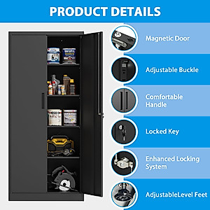 72" Metal Storage Cabinet with Lock, Heavy-Duty Garage Storage Cabinet with Doors and Adjustable Shelves, Tall Cabinet Tool Cabinet File Cabinet for Garage, Office, Home, Warehouse, Black
