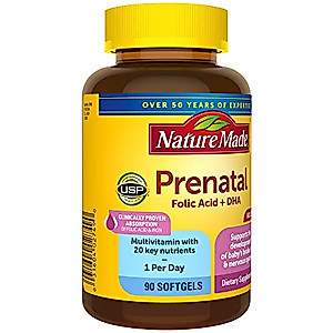 Nature Made Prenatal with Folic Acid + DHA, Prenatal Vitamin and Mineral Supplement for Daily Nutritional Support, 90 Softgels, 90 Day Supply