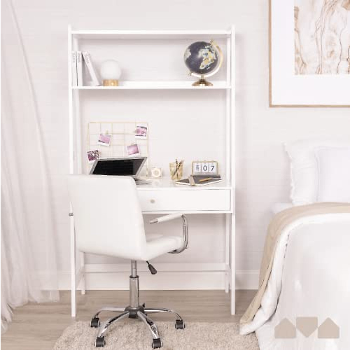 Milliard Ladder Desk with Storage, Freestanding Wall Computer Desk with Drawer and Shelves, White