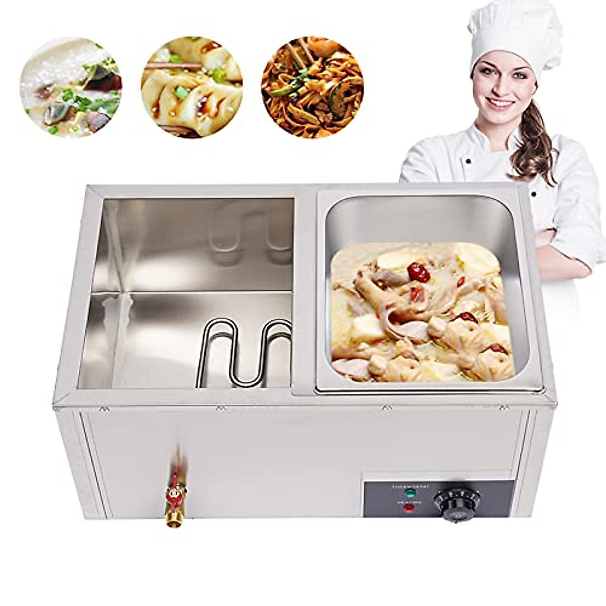 2-Pan Electric Commercial Food Warmer, 110V 850W Stainless Steel Bain-Marie Buffet Countertop Buffet Steamer Steam Table Wet Heat (2-pan)