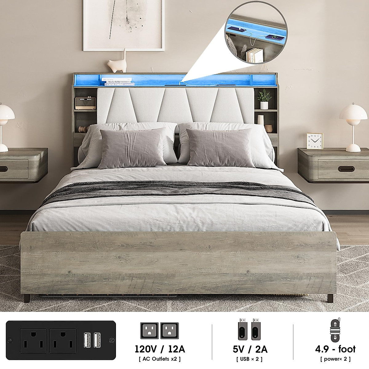 Full Size Bed Frames with Storage Headboard and LED Lights, Upholstered Platform Bed with Charging Station, Storage Space Under The Bed, Steel Slat Support, No Box Spring Needed, Noise Free