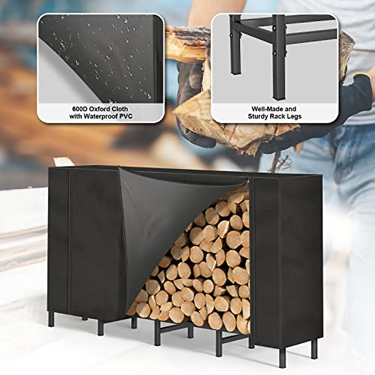 ETELI Firewood Rack Outdoor with Cover 5 ft Heavy Duty Wood Log Rack Holders Waterproof Indoor Firewood Storage for Fireplace, Black