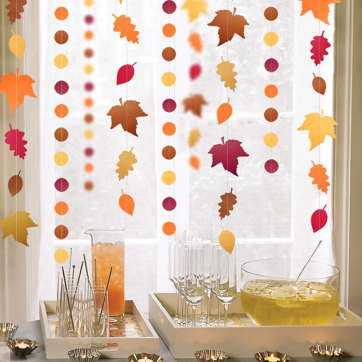 Thanksgiving Day Decoration Garland Fall Leaves Circle Dots Paper Streamers (3Pcs 157 inches) for Giving Thanks Party, Hanging Bunting Banner Backdrop Decorations for Autumn Party Supplies