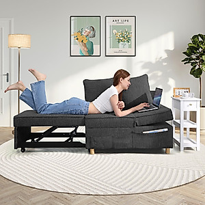 Sofa Bed,4-in-1 Convertible Sleeper Sofa Chair Bed,3-Seat Pull Out Sofa Bed,Loveseat Sofa with Linen Fabric,Single Recliner with 5 Adjustable Backrests & 2 Pillows for Apartment Small Space,Black
