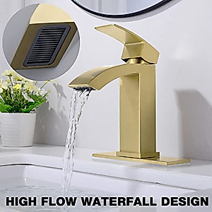 TRUSTMI Bathroom Faucet Square Shaped Brass Brushed Gold Vanity Sink Faucet Heavy Duty Single Handle Single Hole Waterfall Lavatory Faucet, 6" Deck Plate and Overflow Pop Up Drain Included