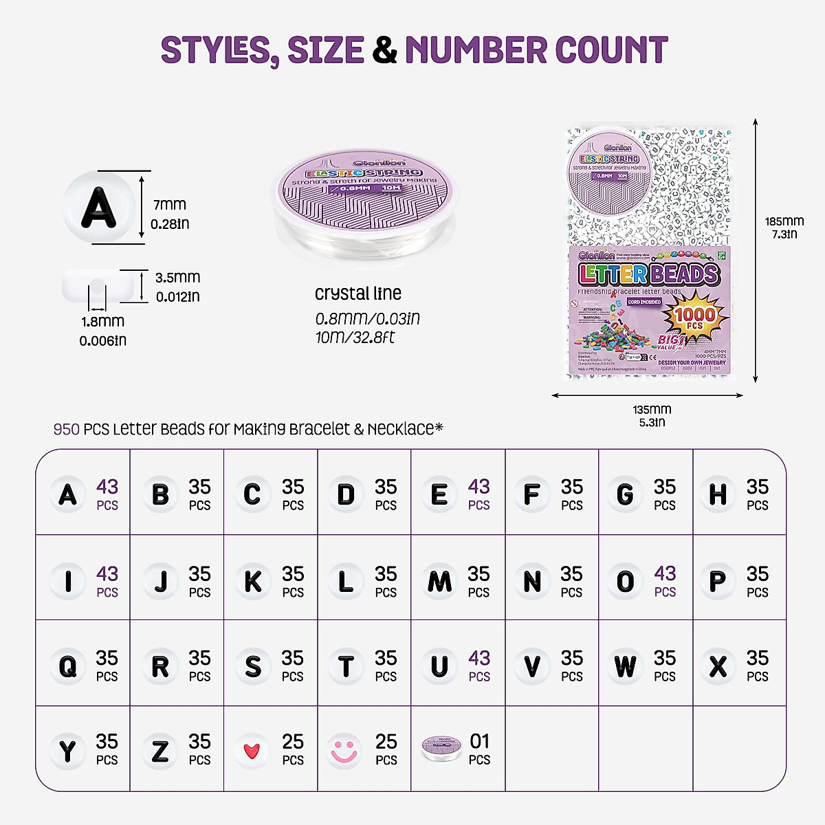 Gionlion 1000Pcs Letter Beads for Bracelet, Round Alphabet Beads Friendship Bracelet Making Kit with Elastic String in Box, Colorful Smile Heart Beads Preppy Beads for Jewelry Making, DIY Partner