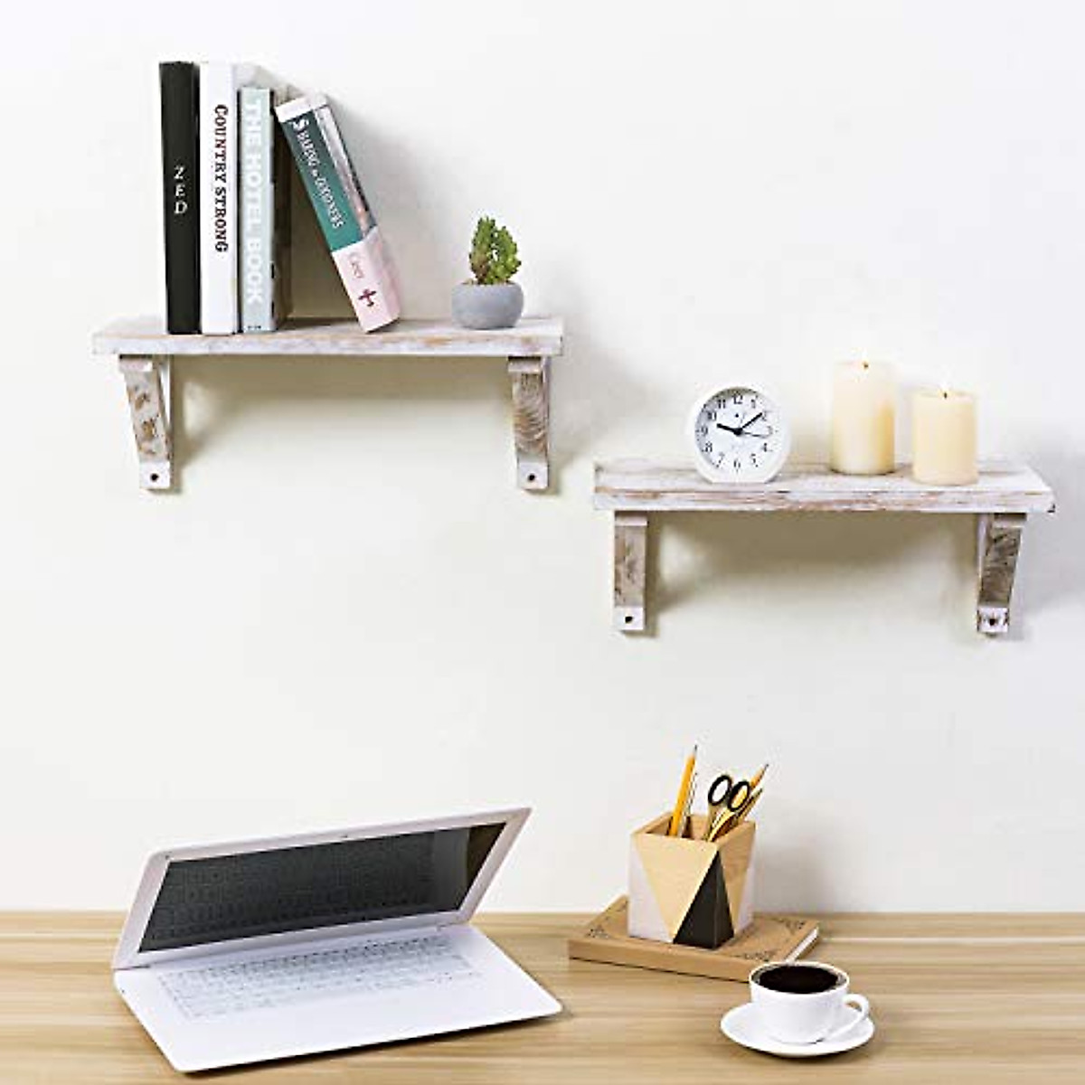 MyGift Wall Mounted Floating Shelves - 16.5 Inch Whitewashed Wood Decorative Shelf with Wooden Brackets, Set of 2