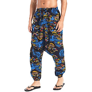 AITFINEISM Men's Causal Harem Pants Loose Drawstring Aladdin Boho Hippie Drop Crotch Trousers (4X-Large, Blue)