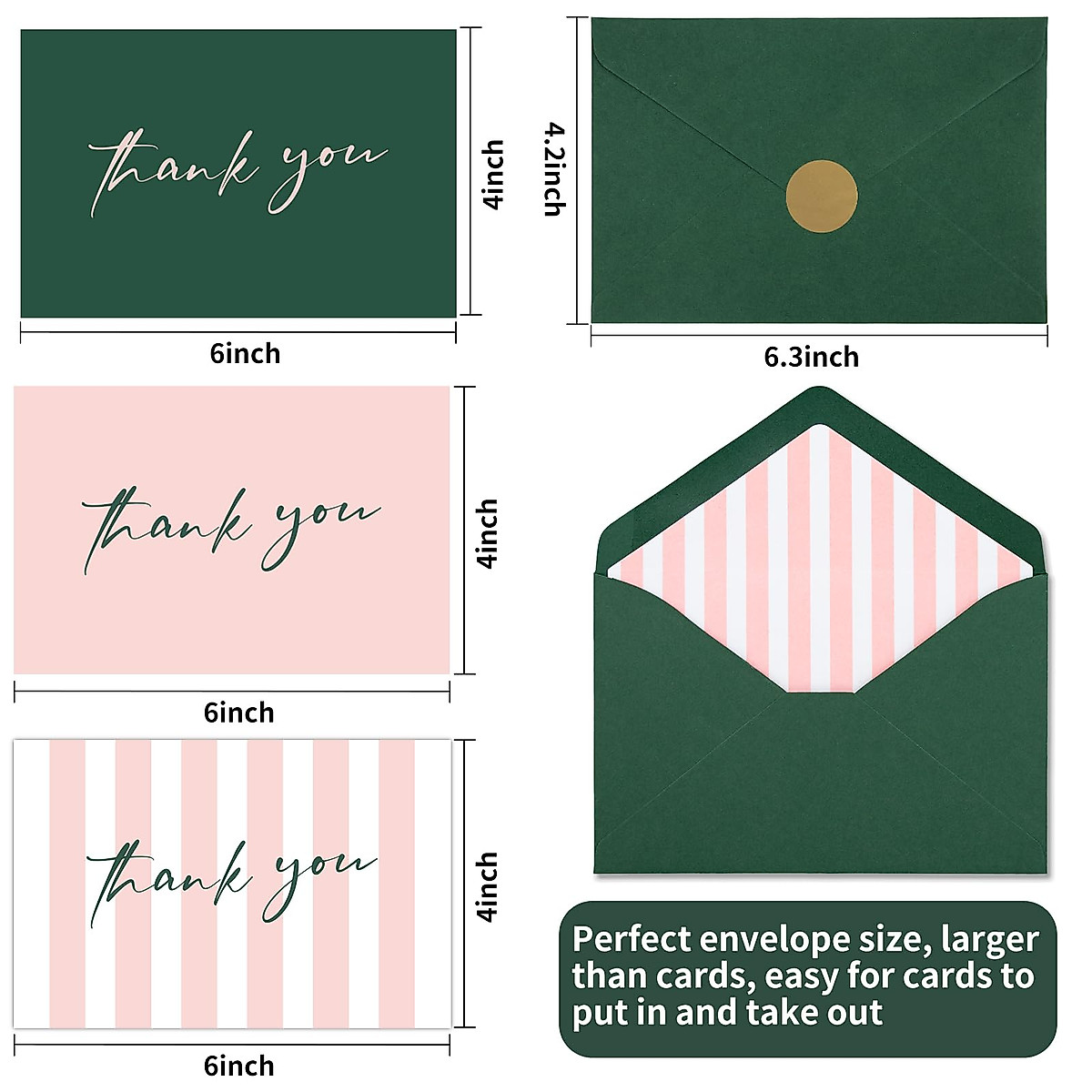 AZAZA Thank You Cards with Envelopes Striped Design 48 Pack, 4x6 Inch Thank You Cards Bulk Baby Shower Girl, Wedding Thank You Cards Green and Pink, Blank Thank You Notes for Bridal Shower