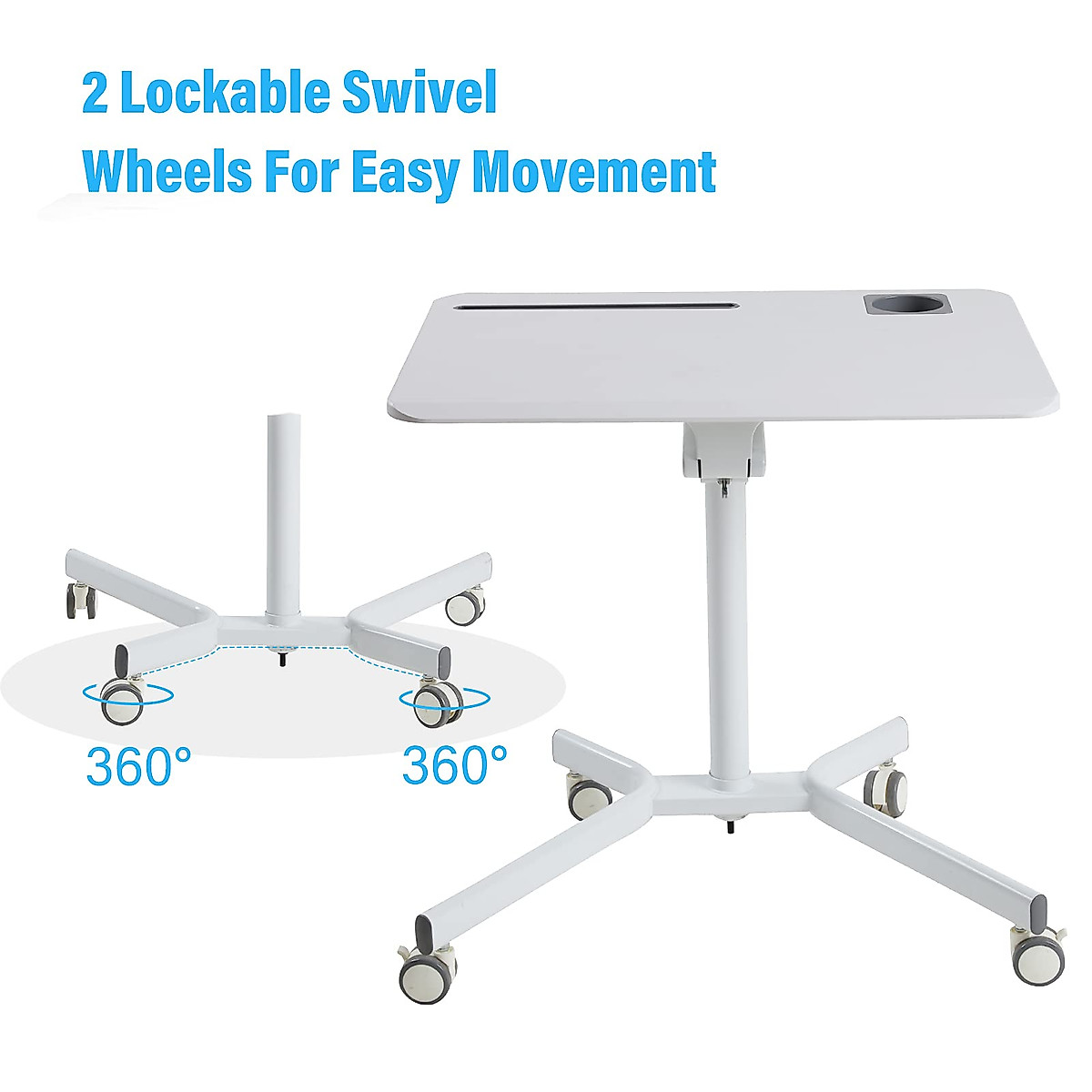 Mobile Sit Stand Desk - Height Adjustable Standing Laptop Desk Cart Rolling Couch Table on Wheels White Workstation with Gas Spring Riser for Home Office Classroom
