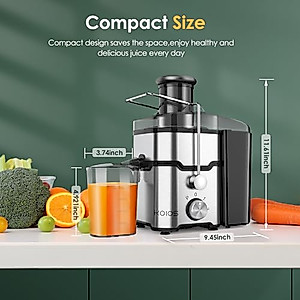 Juicer Machines, KOIOS 600W Centrifugal Juicer Extractor with 3 Speeds, 2.5'' Feed Chute for Fruit and Vegetable, 304 Stainless Steel,Easy to Clean,Anti-drip,BPA Free, Included Brush,Black