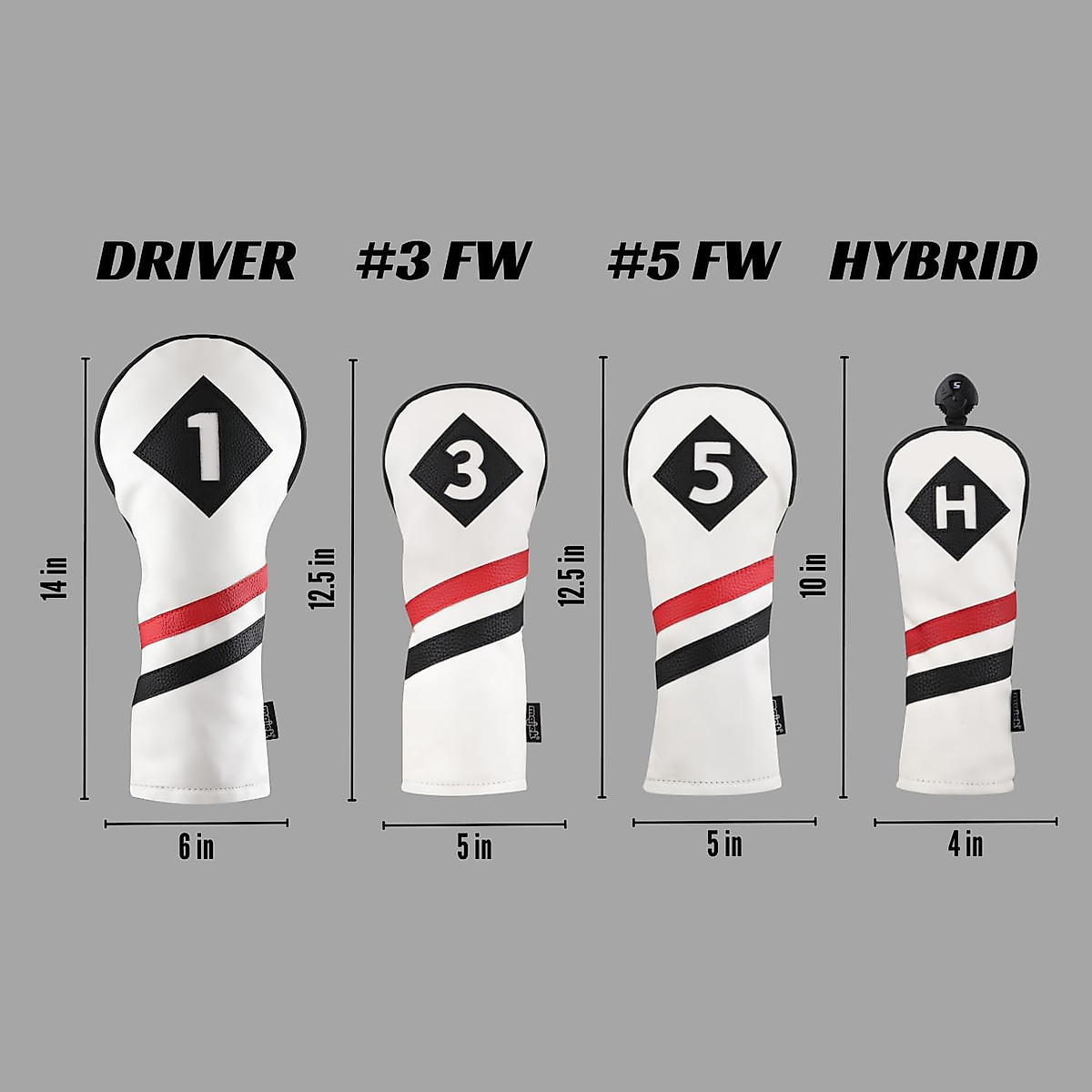 Majek Retro Golf Headcovers White Red and Black Vintage Leather Style 1 3 5 H Driver Fairway Woods and Hybrid Head Cover Classic Look