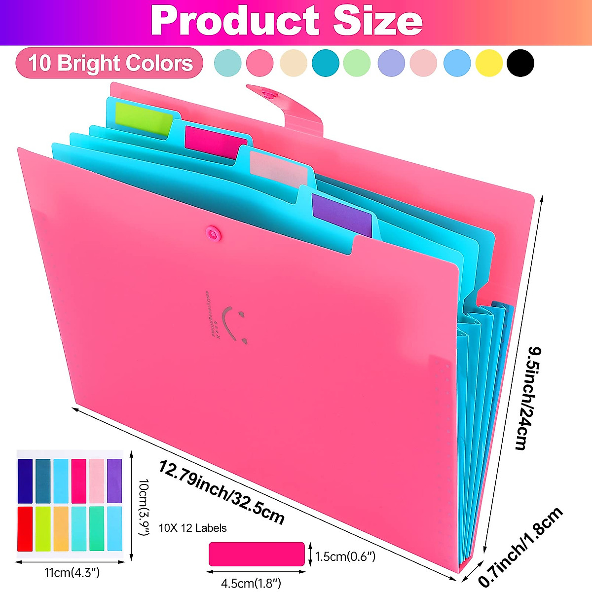 10PCS Expanding File Folders,A4 Letter Size Accordion Document Organizer,Plastic 5 Pocket Accordion Folder,Expandable File Folder with Snap Closure,120 Labels in 12 Colors for School Office Supplies