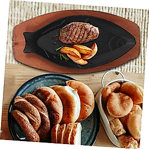Operitacx Cast Iron Pan 1 Set Fish Shaped Frying Pan with Wood Base Cast Iron Grilling Griddle Plate Japanese Teppanyaki Steak Frying Pan Barbecue Pan For Home Kitchen Cast Iron Pizza Pan