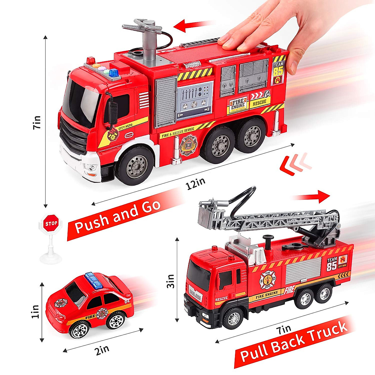 CUTE STONE 7 Pack Fire Trucks with Water Spraying Function, Fireman Toy Firetrucks with Sound and Light, Pull Back Cars, Friction-Powered Vehicles, Gift for Toddlers and 3+ Year Old Boys
