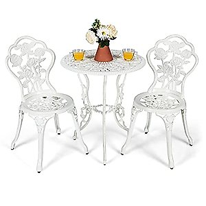 Giantex 3 Piece Bistro Set, Cast Aluminum Porch Furniture, Outdoor Patio Dining Table and Chairs with Umbrella Hole for Balcony Backyard Garden Poolside (White Rose Pattern)