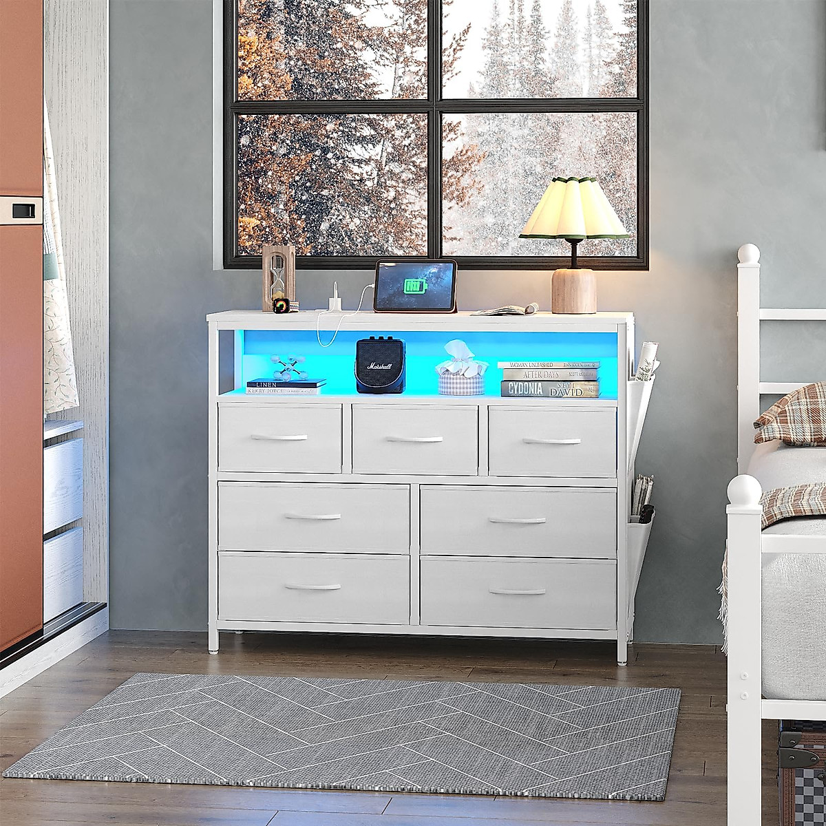CollaredEagle 7 Drawer Dresser with Charging Station, TV Stand Fabric Storage Tower for Bedroom,Storage Drawers with LED, Wooden Top for TV up to 43 inch, for Bedroom, Living Room, Entryway, White
