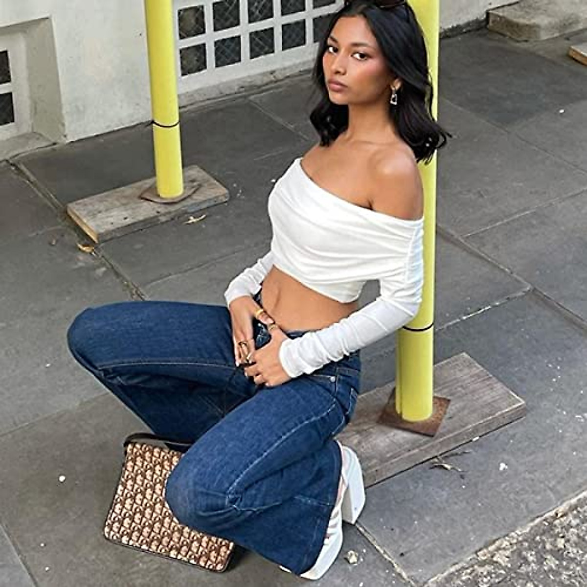 LuFeng Women's Sexy Off Shoulder Double Layer T-Shirt Long Sleeve Y2k Crop Tee Tops Streetwear White