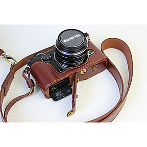 Olympus Pen-F Case, BolinUS Handmade Genuine Real Leather Fullbody Camera Case Bag Cover for Olympus Pen-F Bottom Opening Version with Neck Strap - Brown