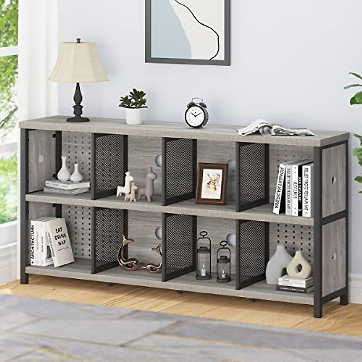 LVB Industrial 4 5 6 7 8 Cube Bookcase, Rustic Wood Metal Horizontal Bookshelf, Modern Wide Cube Organizer Storage Shelf, Large Long Low Book Shelf for Office Bedroom Living Room, Light Grey Oak 63 In
