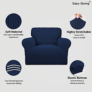 Easy-Going Stretch Chair Sofa Slipcover 1-Piece Couch Sofa Cover Furniture Protector Soft with Elastic Bottom for Kids, Pet. Spandex Jacquard Fabric Small Checks (Chair, Navy)