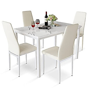 Recaceik Furniture 5 Piece Faux Dining Set, Modern Kitchen Table Marble Top and High Chairs for Breakfast Nook Small Spaces Beige