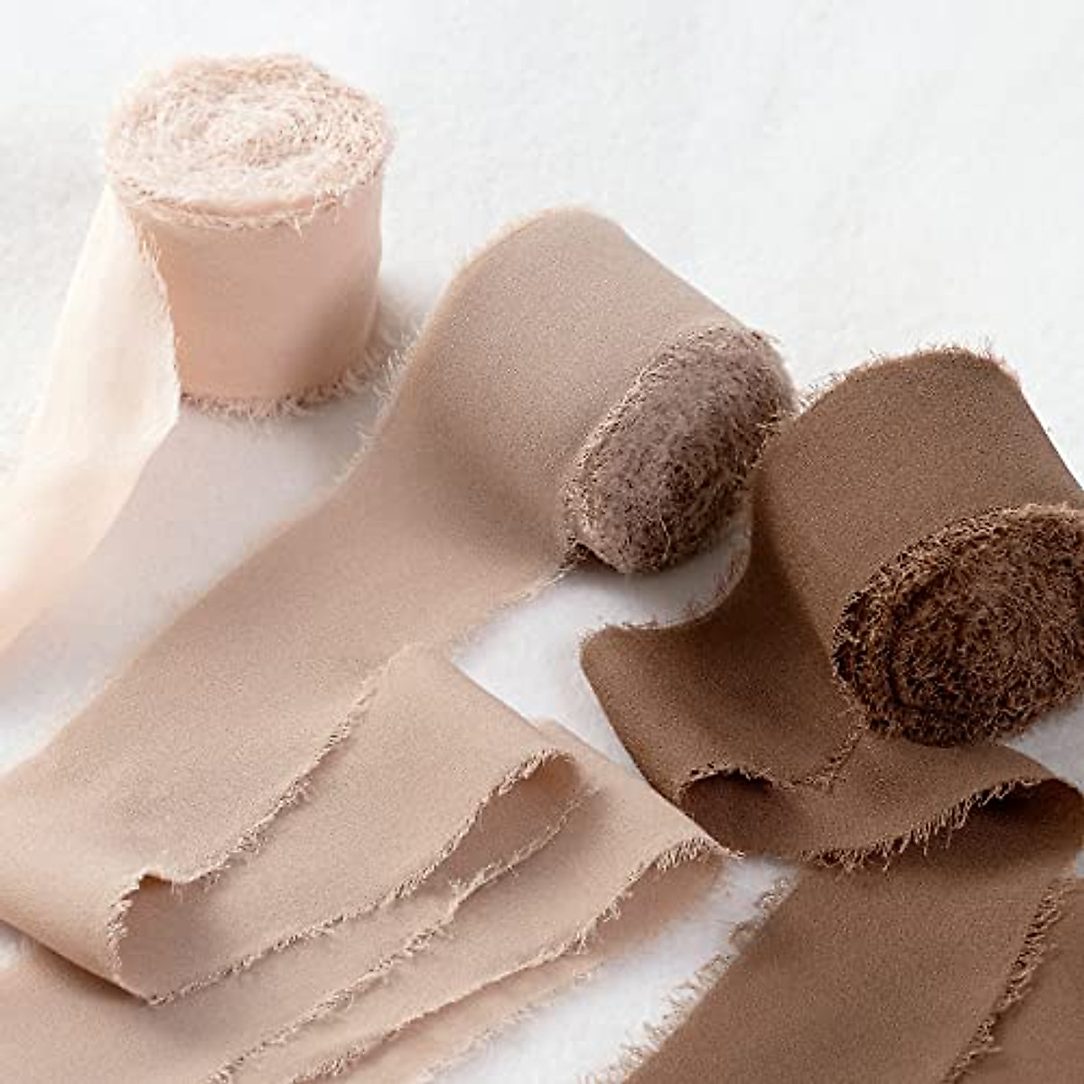 JEDIA Chiffon Ribbon, 3 Rolls Brown Handmade Fringe Chiffon Silk Ribbons, 1.5" x 7Yd Ribbon Set for Gift Wrapping, Wedding Invitations, Bouquet Wrap, Bridal Bouquets, DIY Crafts