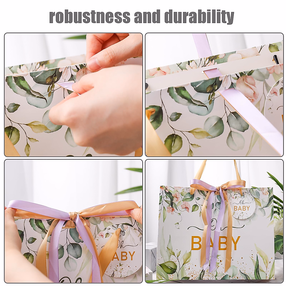 Shindel 13" Large Baby Boy Girl Gift Bag with Handle, 2PCS Baby Gift Bag with Tissue Paper Greeting Card Ribbon for Baby Shower Newborn Birthday Party