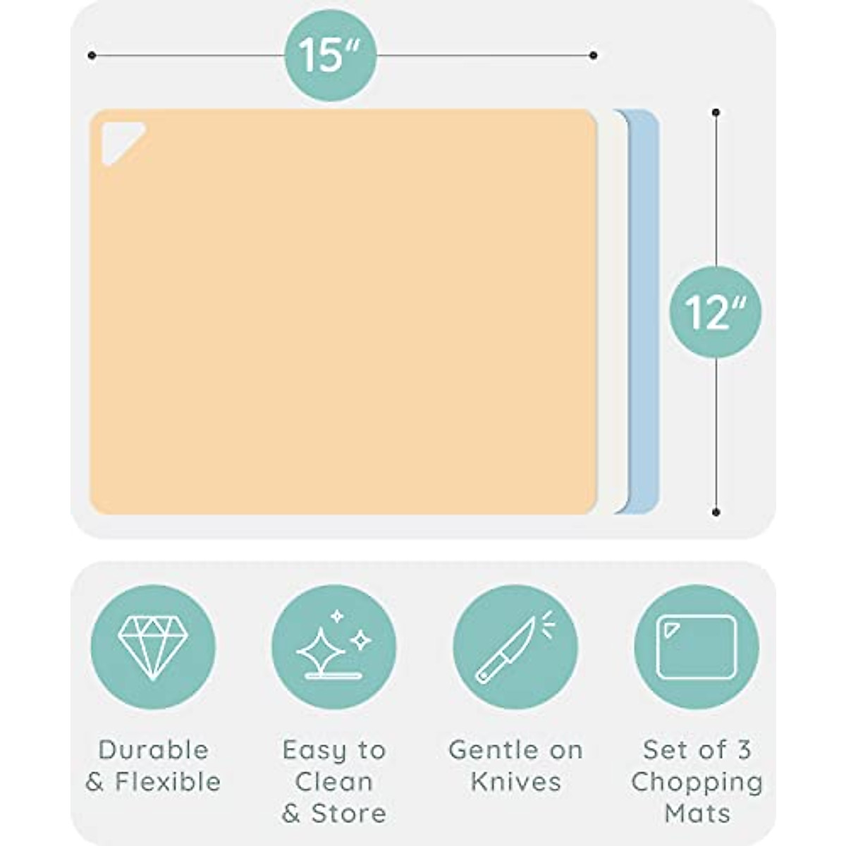Extra Thin Flexible Cutting Boards for Kitchen - Cutting Mats for Cooking, Colored Cutting Mat Set with Easy-Grip Handles | Non Slip Cutting Sheets, Flexible Plastic Cutting Board Set of 3 (15"x12")