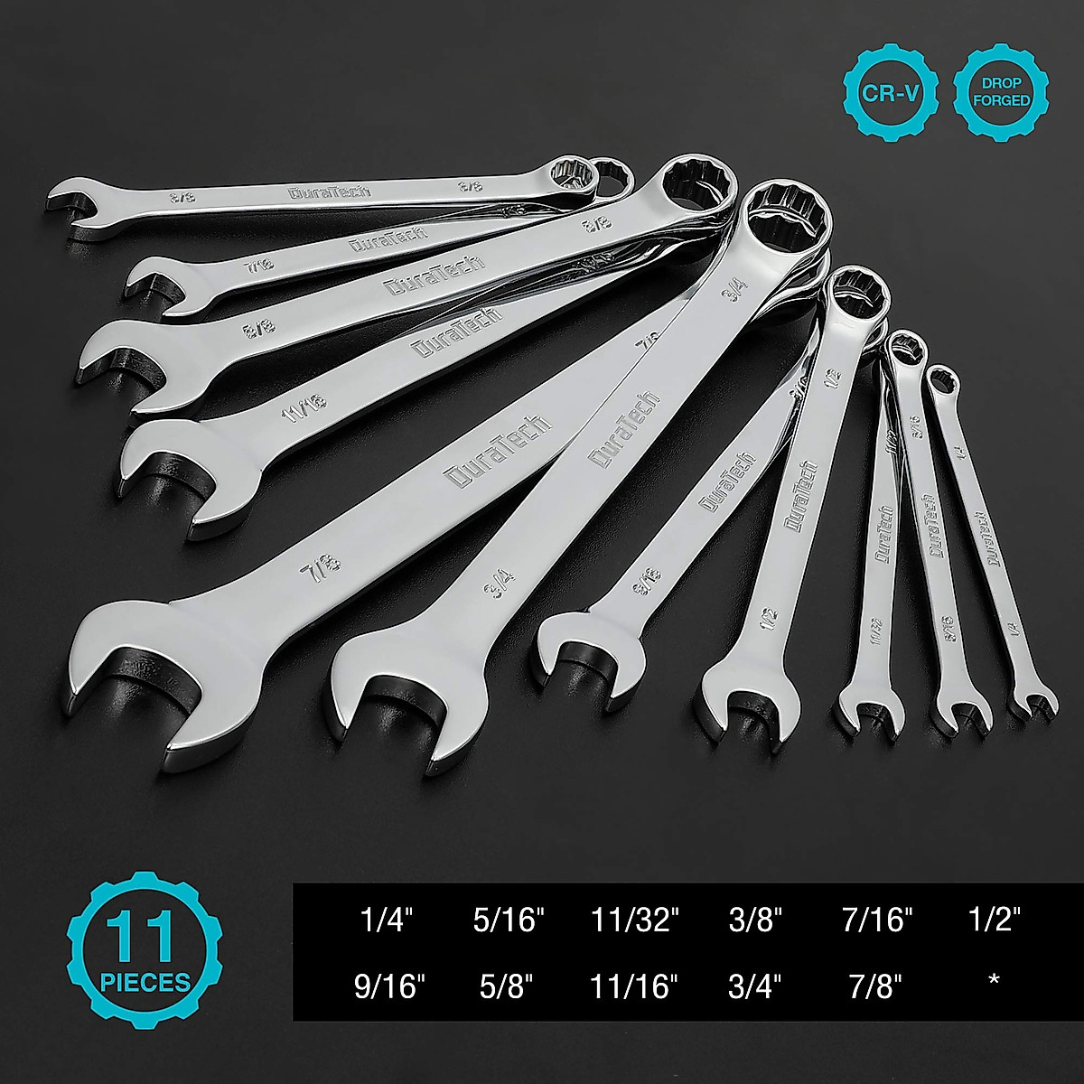 DURATECH Combination Wrench Set, SAE, 11-Piece, 1/4'' to 7/8'', 12-Point, CR-V Steel, Organized in Wrench Holder