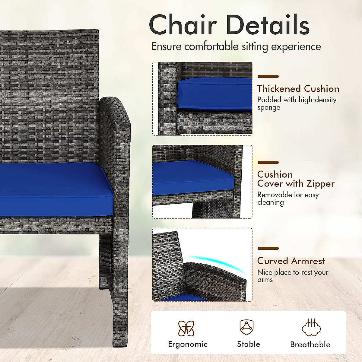 Toolsempire Outdoor Conversation Set, 4 Pieces Wicker Patio Furniture Set with Ergonomic Curved Design, Patio Chair Set with Water-resistant Cushion & Tempered Glass Table for Balcony,Porch(Navy Blue)