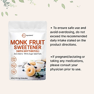 Monk Fruit Sweetener with Erythritol Granules, 4 Pounds, No After Taste, 1:1 White Sugar Substitute, Keto Diet Friendly, Zero Calorie, Natural Sweetener for Drinks, Coffee, Tea, Cookies, No-GMO, Vegan