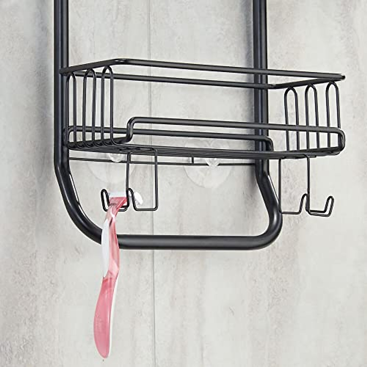 mDesign Modern Metal Wire Bathroom Tub & Shower Caddy, Hanging Storage Organizer Center - 2 Wash Cloth/Razor Hooks, 3 Baskets - for Bathroom Shower Stalls, Bathtubs, Rust Resistant Steel - Matte Black