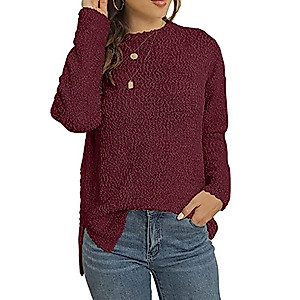 GRECERELLE Women’s Fuzzy Knitted Sweater Sherpa Fleece Side Slit Long Sleeve Loose Fit Jumper Outwears Pullover Sweater Blouse Wine Red-Mudium