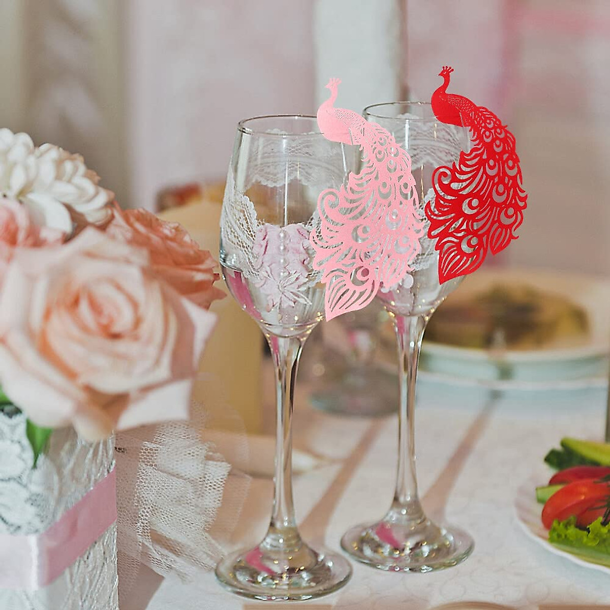 Peacock Design Wine Glass Cards 50PCS Name Place Cards Peacock Paper Hollow Out Design Wine Cup Decoration Wedding Centerpieces Table Decoration