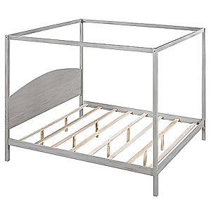 Rhomtree King Size Canopy Bed with Headboard, 4-Post Canopy Platform Bed Frame, Solid Wood King Bed Frame with Headboard and Support Legs for Kids Teens Adults, No Box Spring Needed(Grey Wash, King)