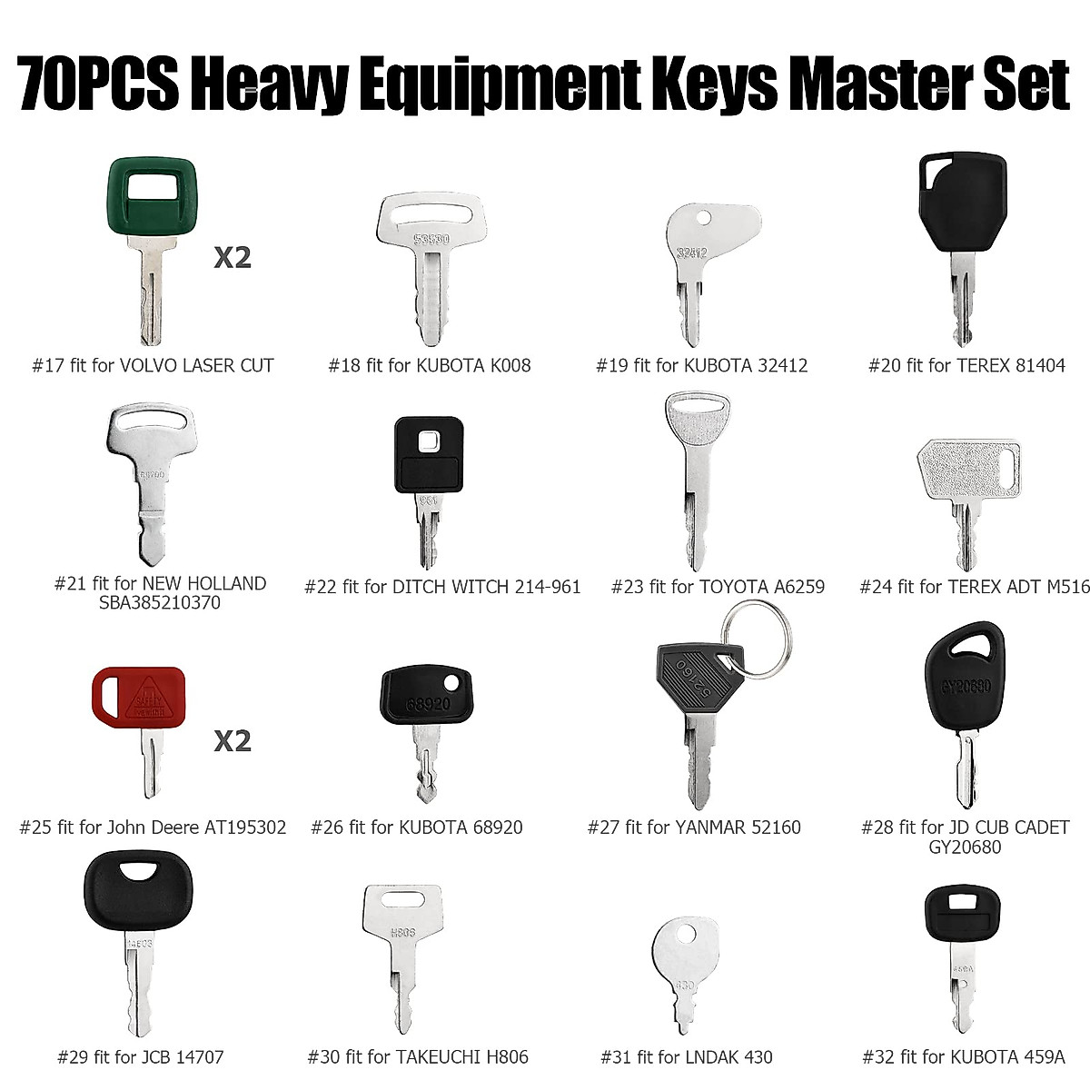 70 Heavy Equipment Keys Master Set, Construction Machinery Key for Cat Caterpillar John Deere Komatsu Volvo Bobcat Kubota JCB Sany Terex Case Hyster Yanmar Takeuchi New Holland Keys Heavy Equipment