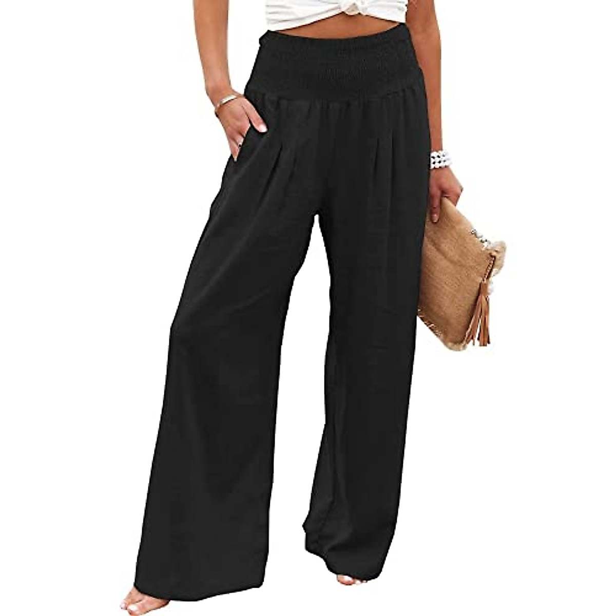 ERTUPE Women's Linen Palazzo Pants Boho Wide Leg High Waist Lounge Pant Elastic Casual Loose Solid Trousers with Pockets A-Black