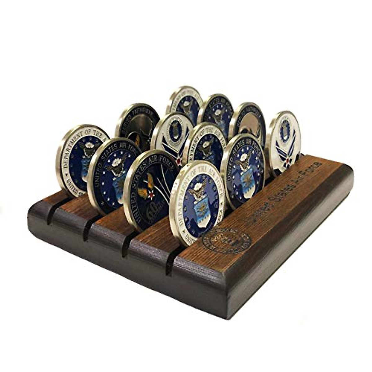 DECOMIL 4 Rows Coin Holder, US Army-Navy-Air Force-Marine Military Collectible Challenge Coin Display Case Wood Stand, Holds 12-16 Coins (Air Force)