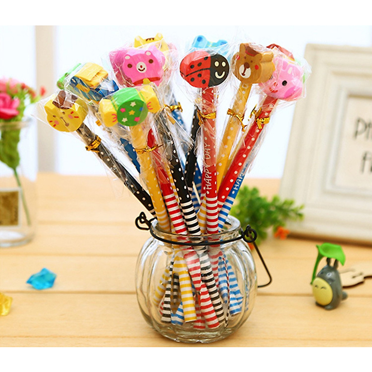 Yansanido 40 Pcs Colorful 7.28 Inch Length Random Cartoon Eraser Pencils, Cute Pencils for Office, School Supplies Students Children Gift (40)